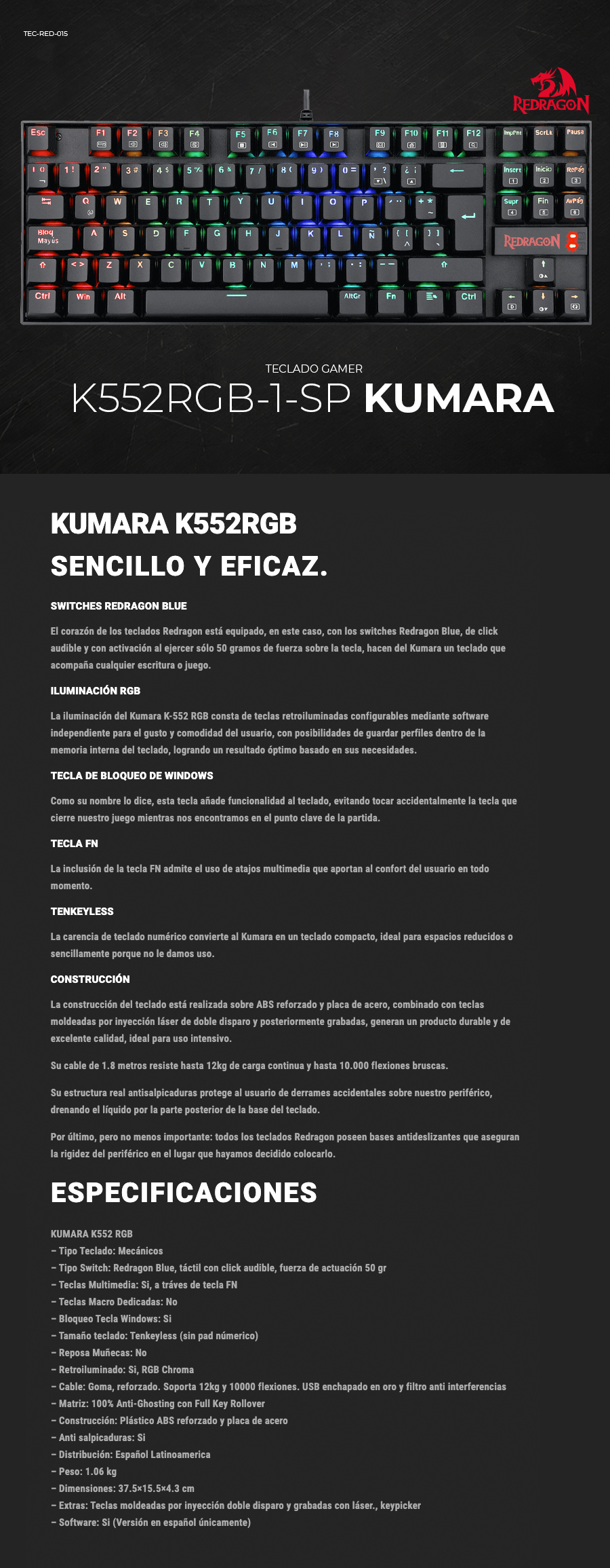 Teclado Gamer Redragon Kumara K552 TKL RGB / Teclado Mecánico / Outemu ...