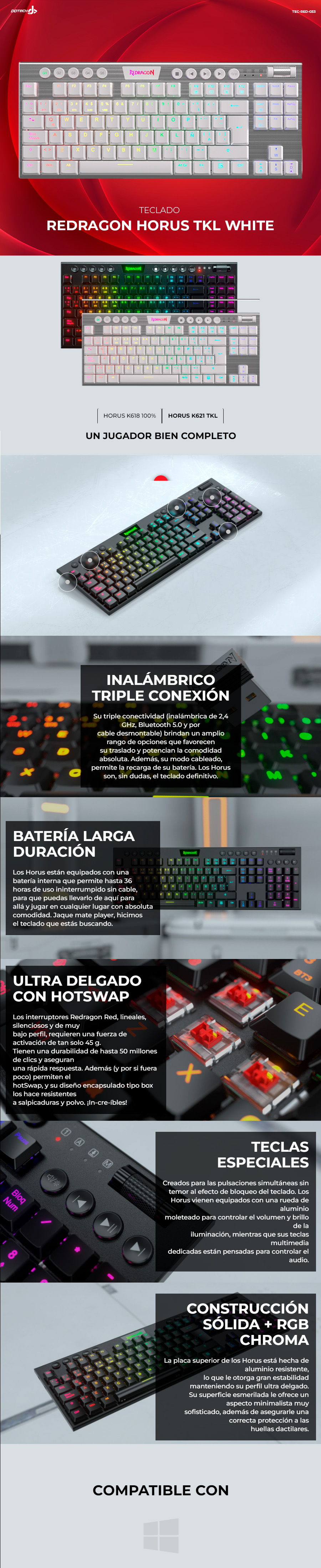Teclado Gamer Mecánico Redragon Horus TKL RGB / Alámbrico / Switches ...