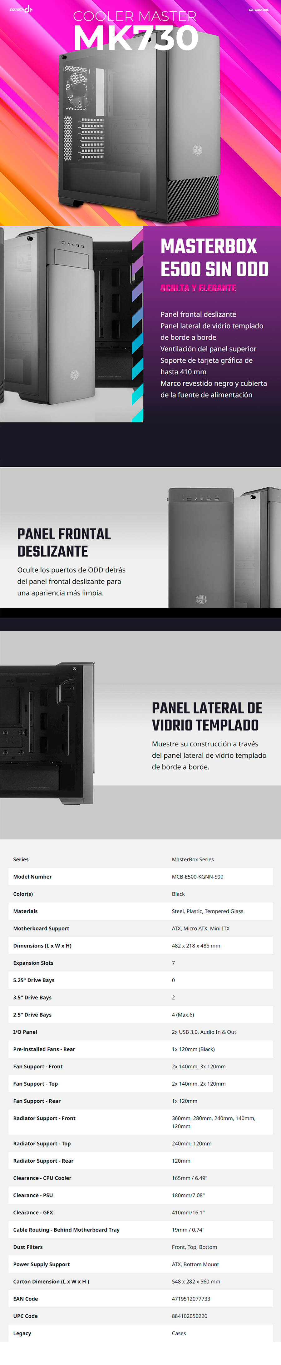 Gabinete Cooler Master MASTERBOX Elite 500 / Cristal Templado / Negro / E500-KGNN-S00 | DD Tech