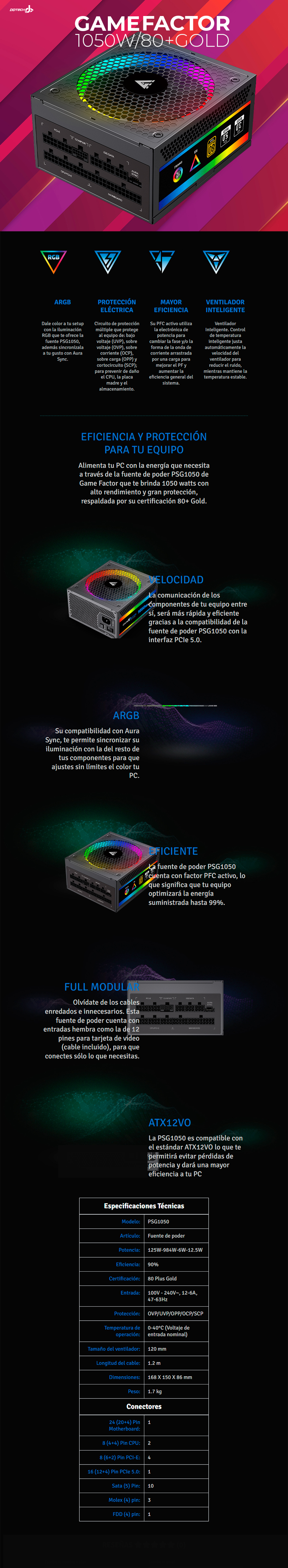 Fuente de Poder Game Factor PSG1050 / 1050W / 80+ Gold / Full Modular / PCIe 5.0 / PSG1050 ...