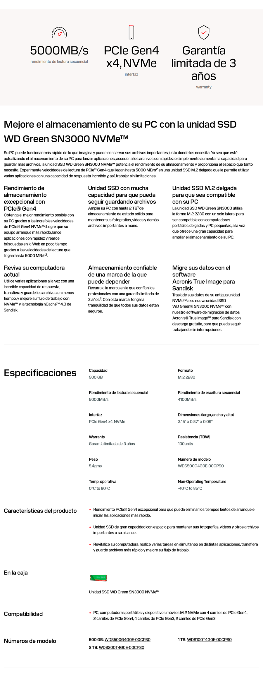 Unidad de Estado Sólido SSD WD Green SN3000 NVMe / 500GB / M.2 / 4100 MB/s Escritura / 5000 MB/s ...