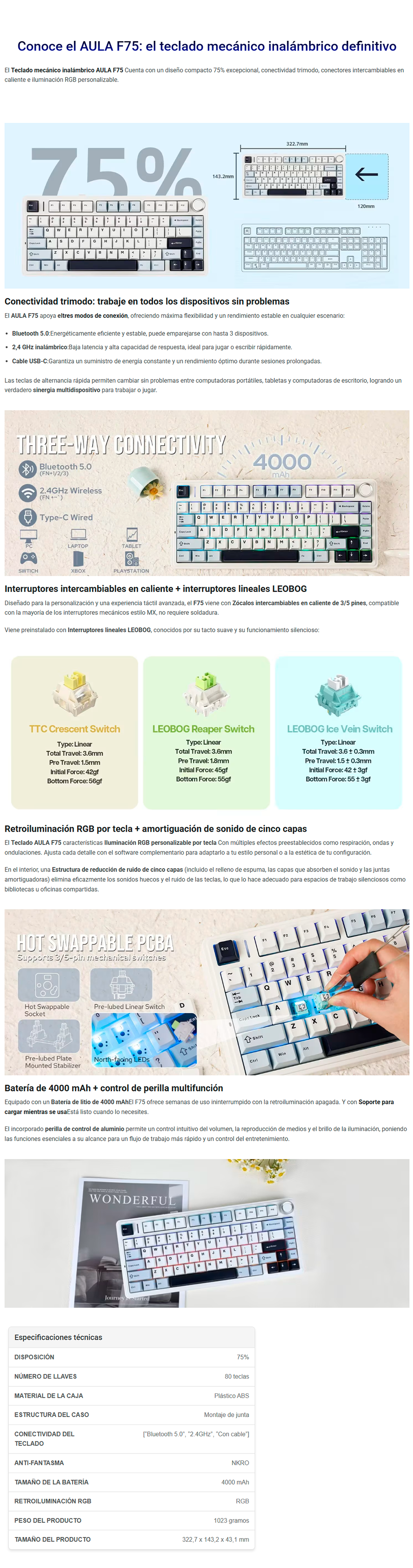 Teclado Mecánico AULA F75 / Mecánico / 75% / Hot Swap / RGB / Cedar ...