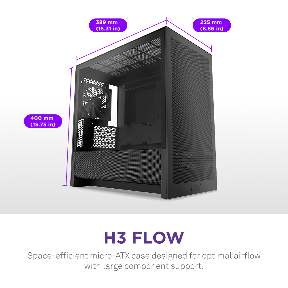 Gabinete NZXT H3 Flow / Midi-Tower, Mini-ITX/Micro-ATX / Flujo de Aire Optimizado / Incluye 1 ...