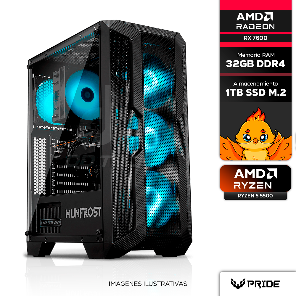 Computadora PRIDE GAMING ANTELOPE / AMD RADEON RX 7600 / AMD Ryzen 5 5500 / 32GB RAM / 1TB M.2 ...